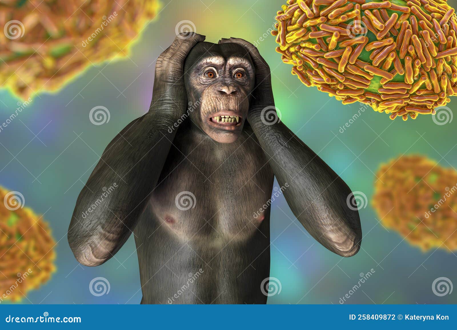 Upset Monkey Surrounded by Monkeypox Viruses, Conceptual 3D ...