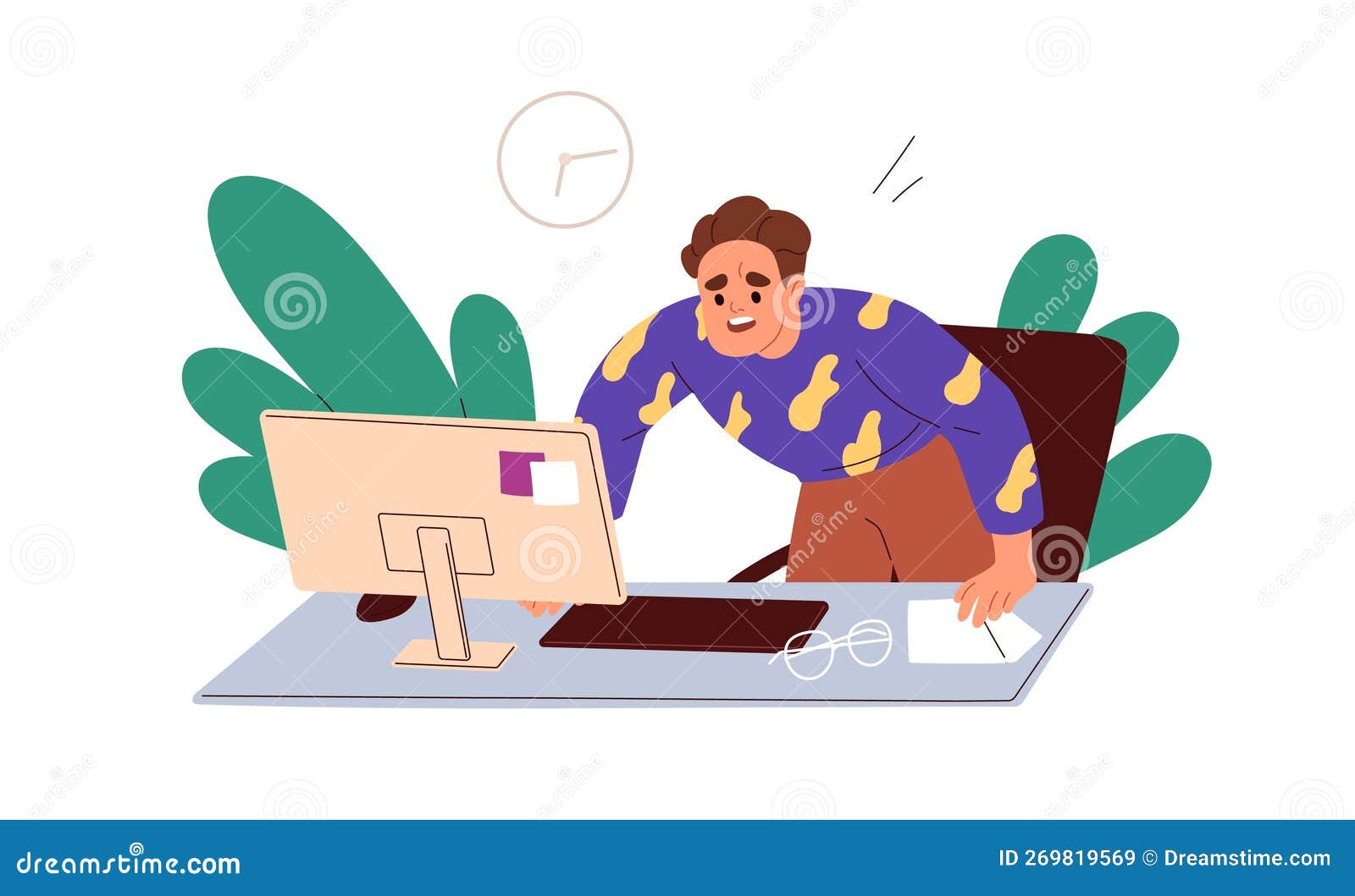 Upset Stressed Employee at Computer, Office Desk. Frustrated Confused ...