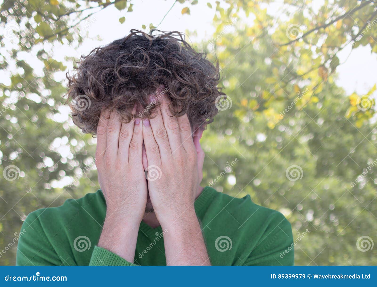 Upset Stressed Man Hiding in Hands Under Trees Stock Image - Image of ...
