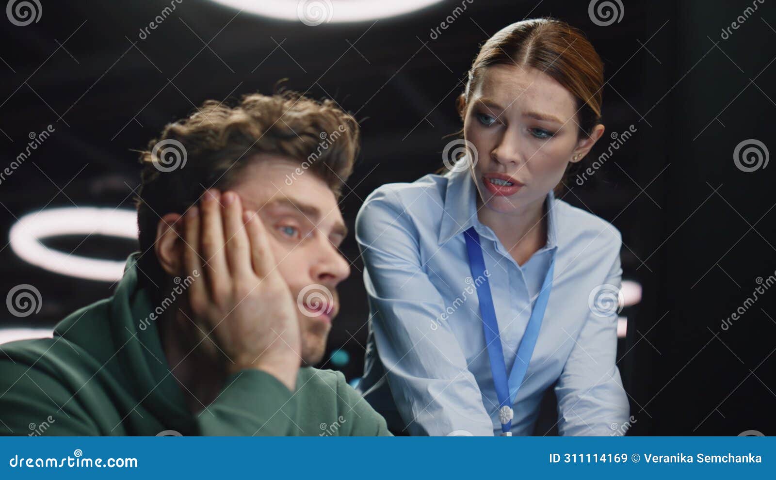 Upset Team Talking Computer Office Closeup. Woman Supporting Overworked ...