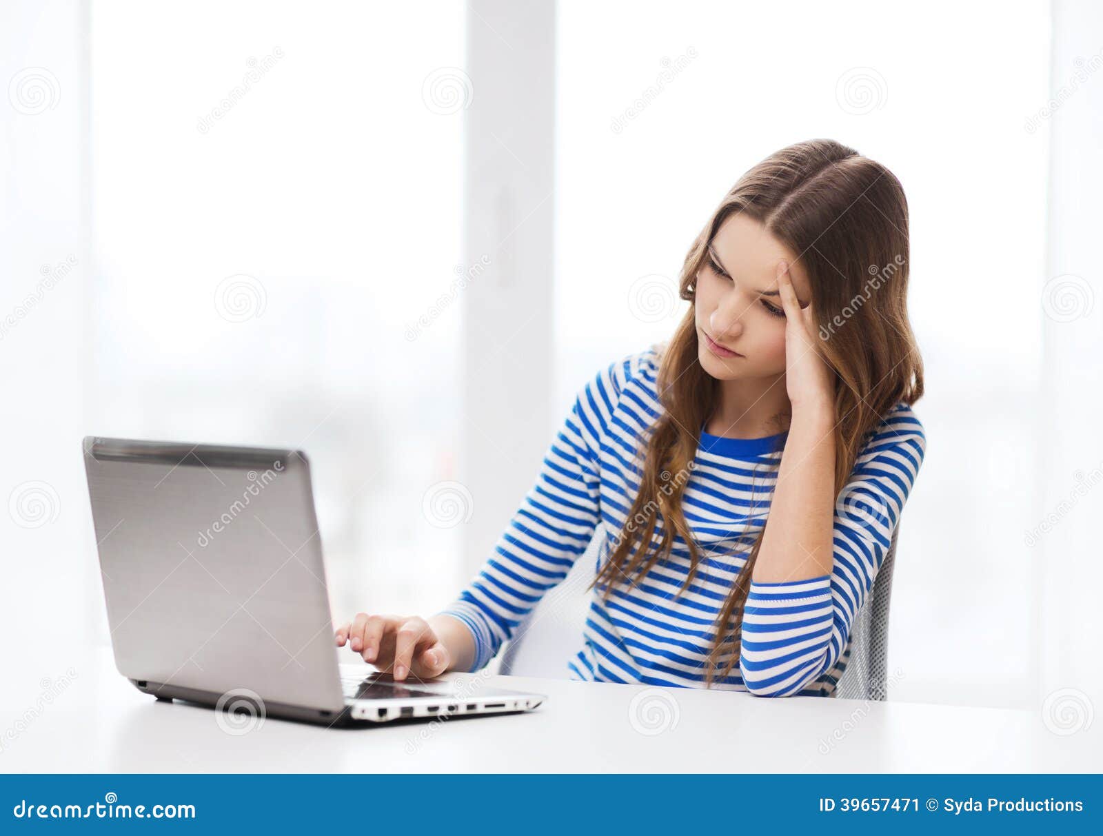 Upset Teenage Gitl with Laptop Computer at Home Stock Image - Image of ...