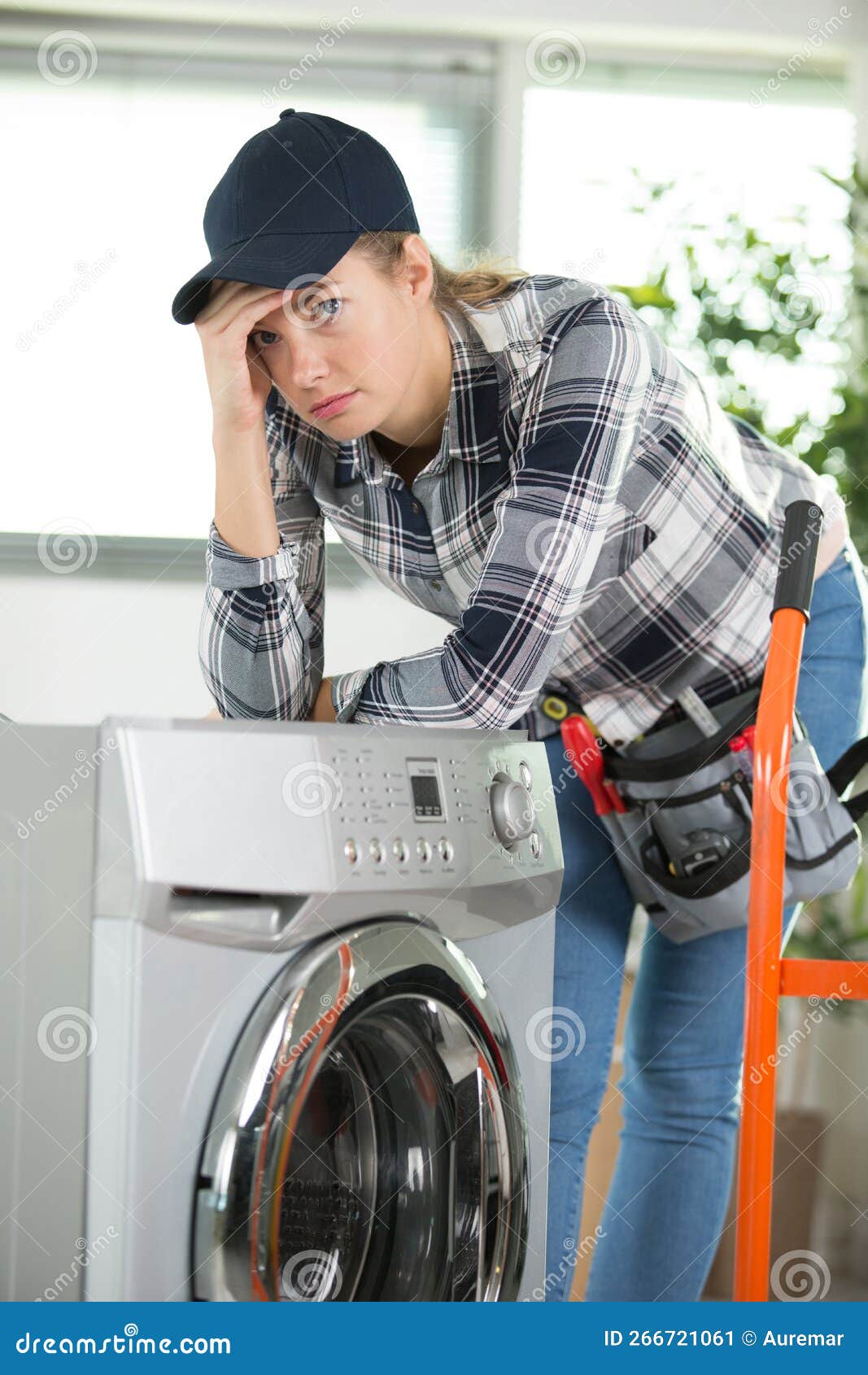 Upset Woman Dealing with Heavy Washing Machine Stock Image - Image of ...