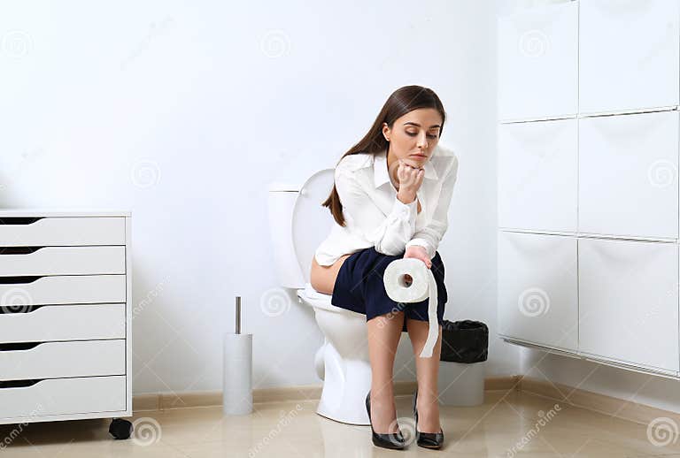 Upset Woman Sitting On Toilet Bowl Stock Image Image Of Background