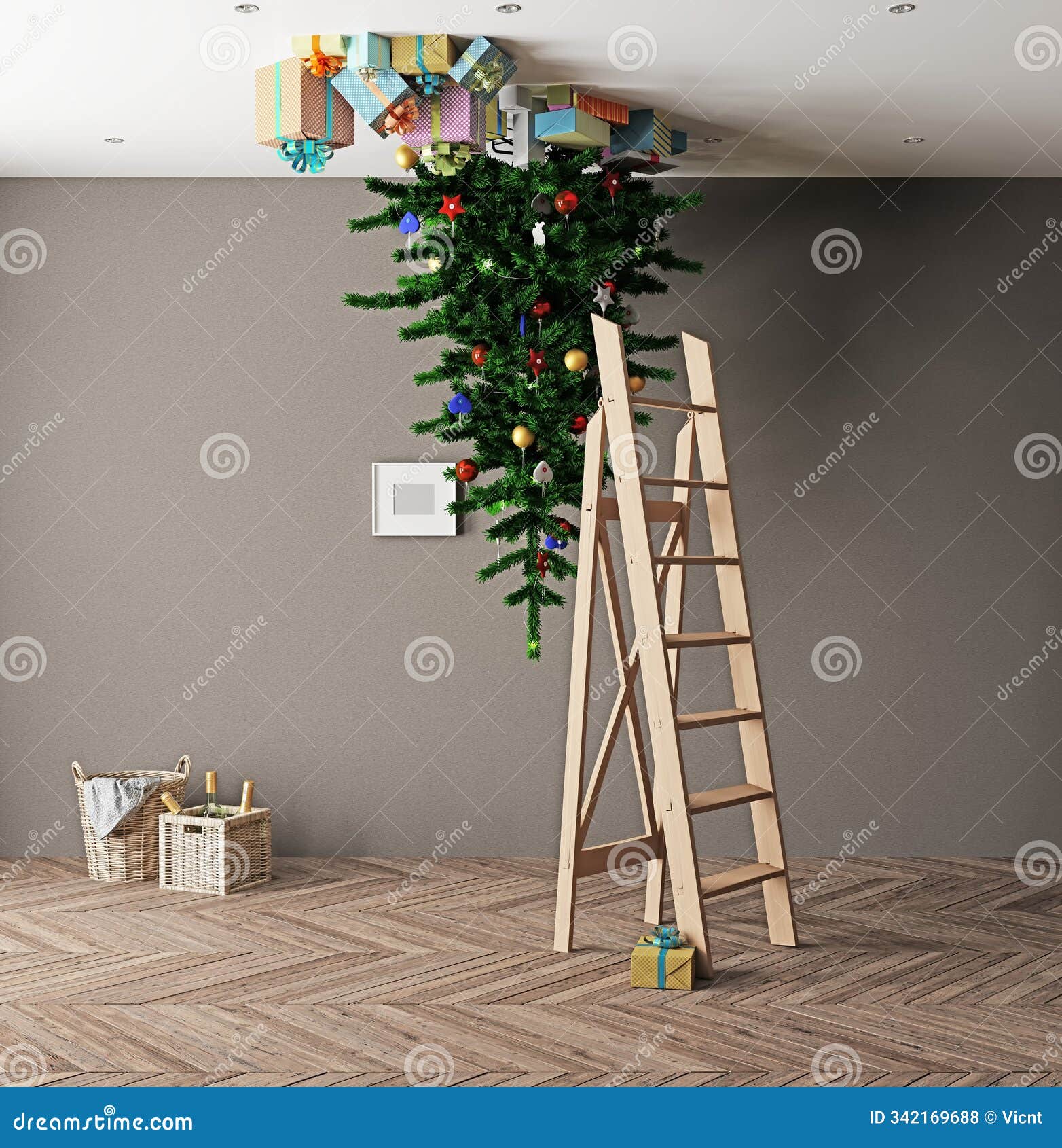 Upside-down Christmas Tree with Presents on the Ceiling Stock ...