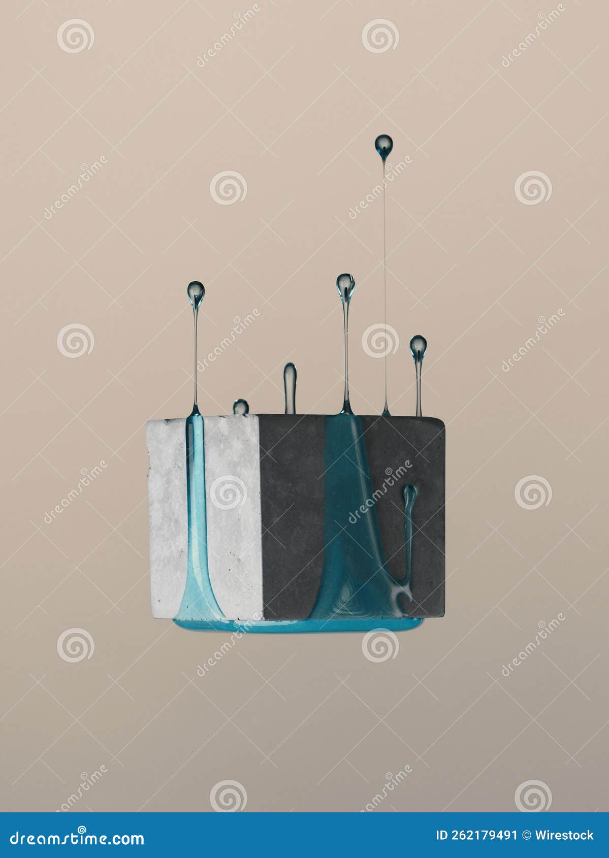 Upside-down of a Gray Cube with Blue Paint Dripping Upward Isolated on ...