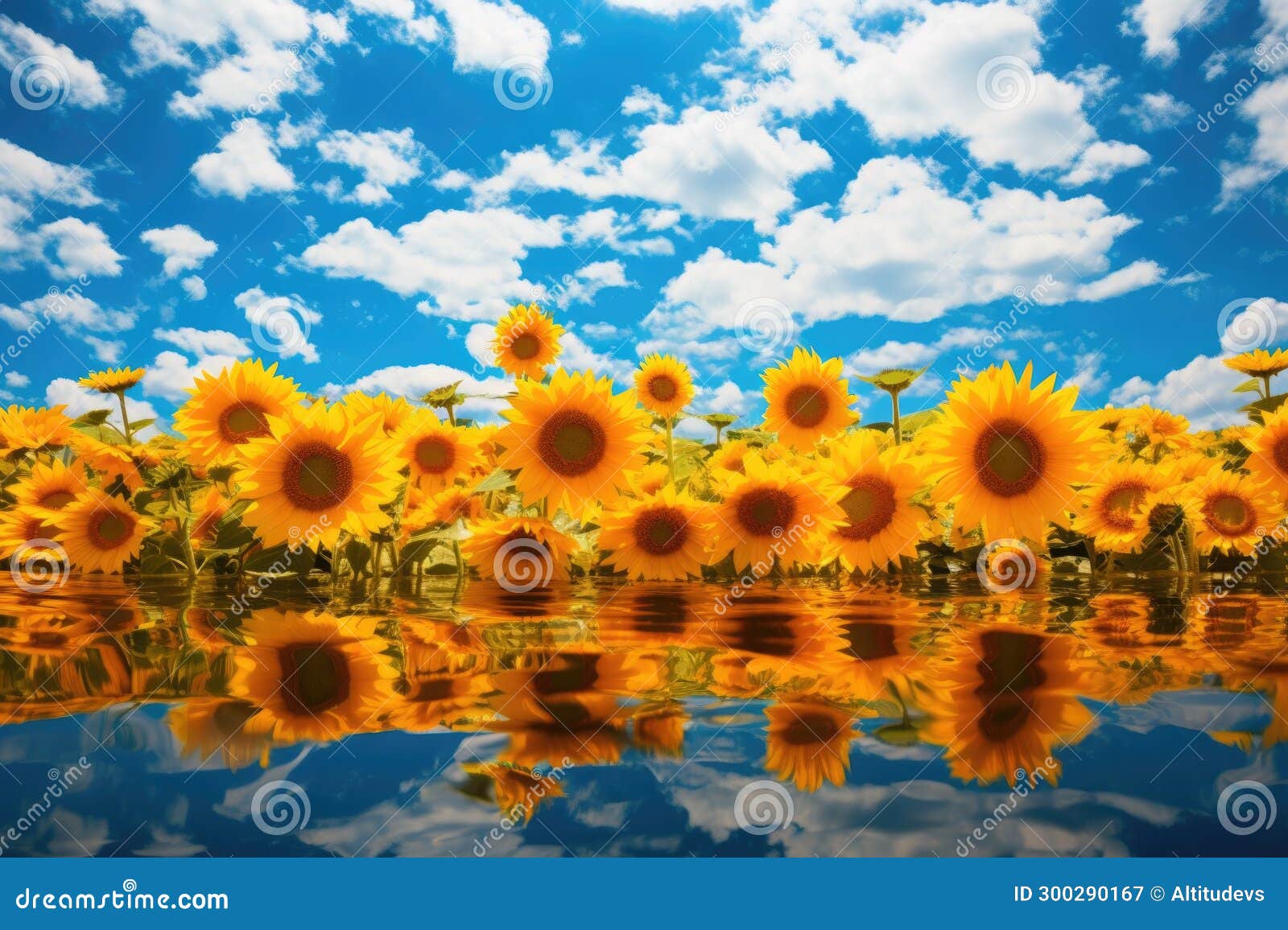An Upside-down Image of a Sunflower Field Reflected in a Pond Stock ...
