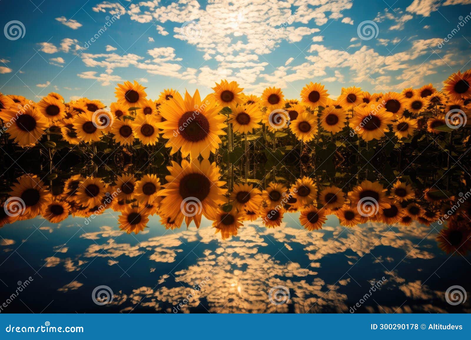 An Upside-down Image of a Sunflower Field Reflected in a Pond Stock ...