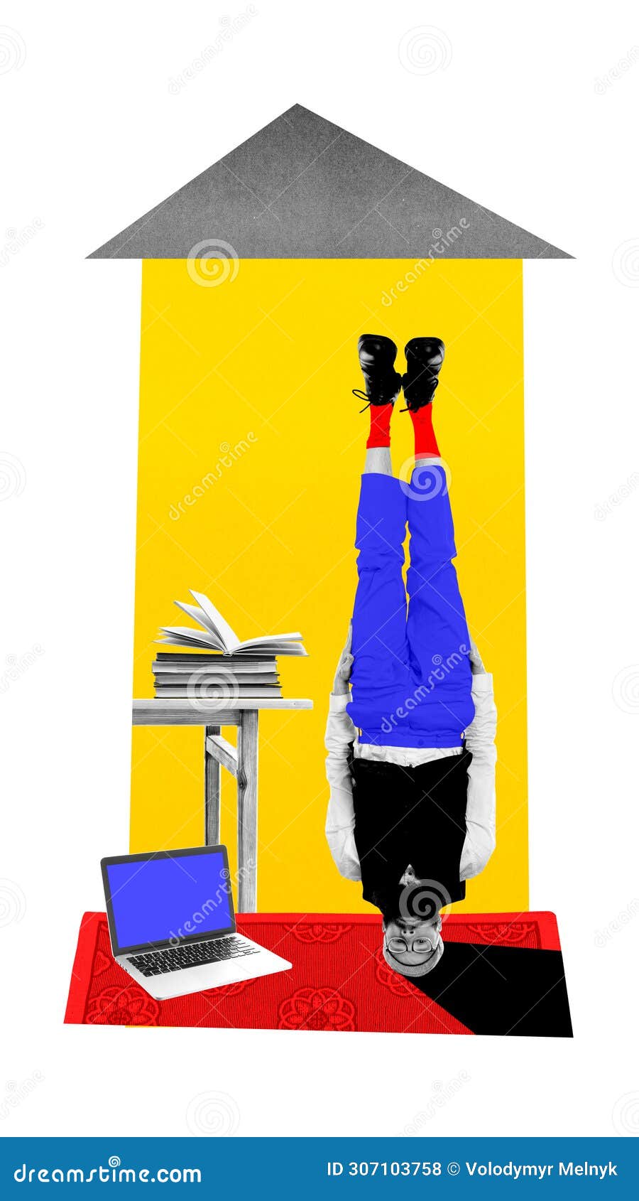 Upside Down. Man, Freelancer Standing on Head Near Laptop and Table ...