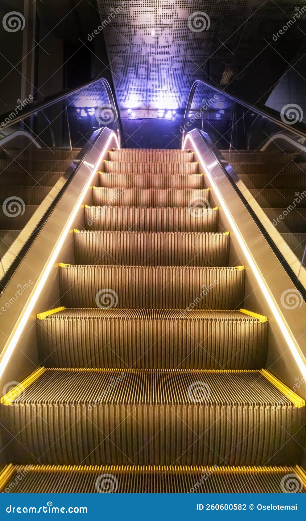 Upstairs Escalator at Night with Lights Stock Photo - Image of metal ...