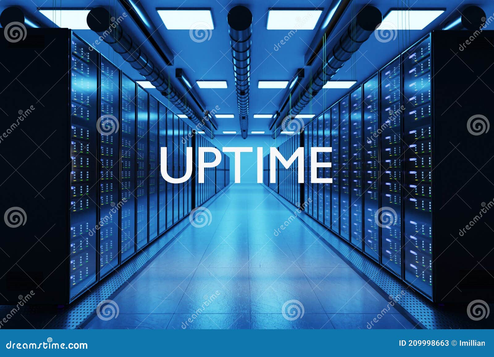 Uptime Logo in Large Modern Data Center with Multiple Rows of Network ...