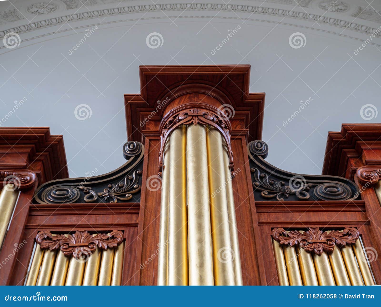 Upward View of a Massive Oak 19th Century Pipe Organ Stock Photo ...