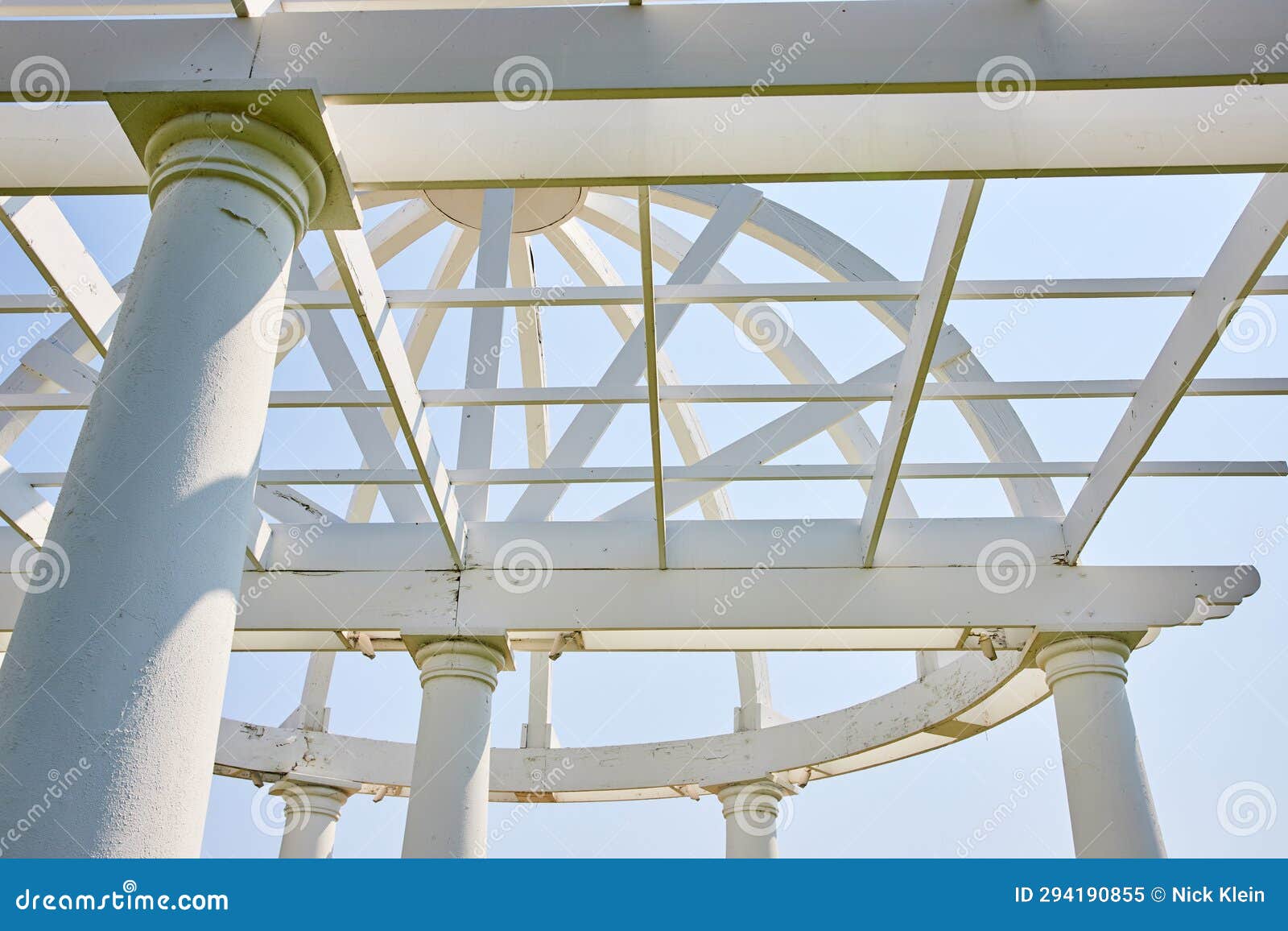 Upward View of Underside of White Pergola and Trellis and White Columns ...