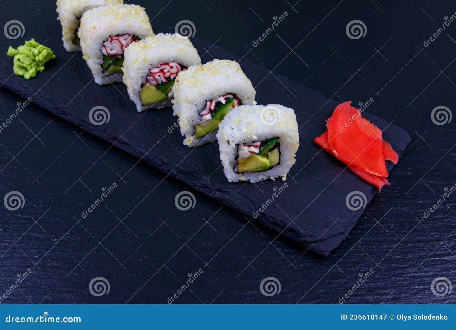 Uramaki Sushi Rolls with Surimi on Black Slate Stock Image - Image of ...