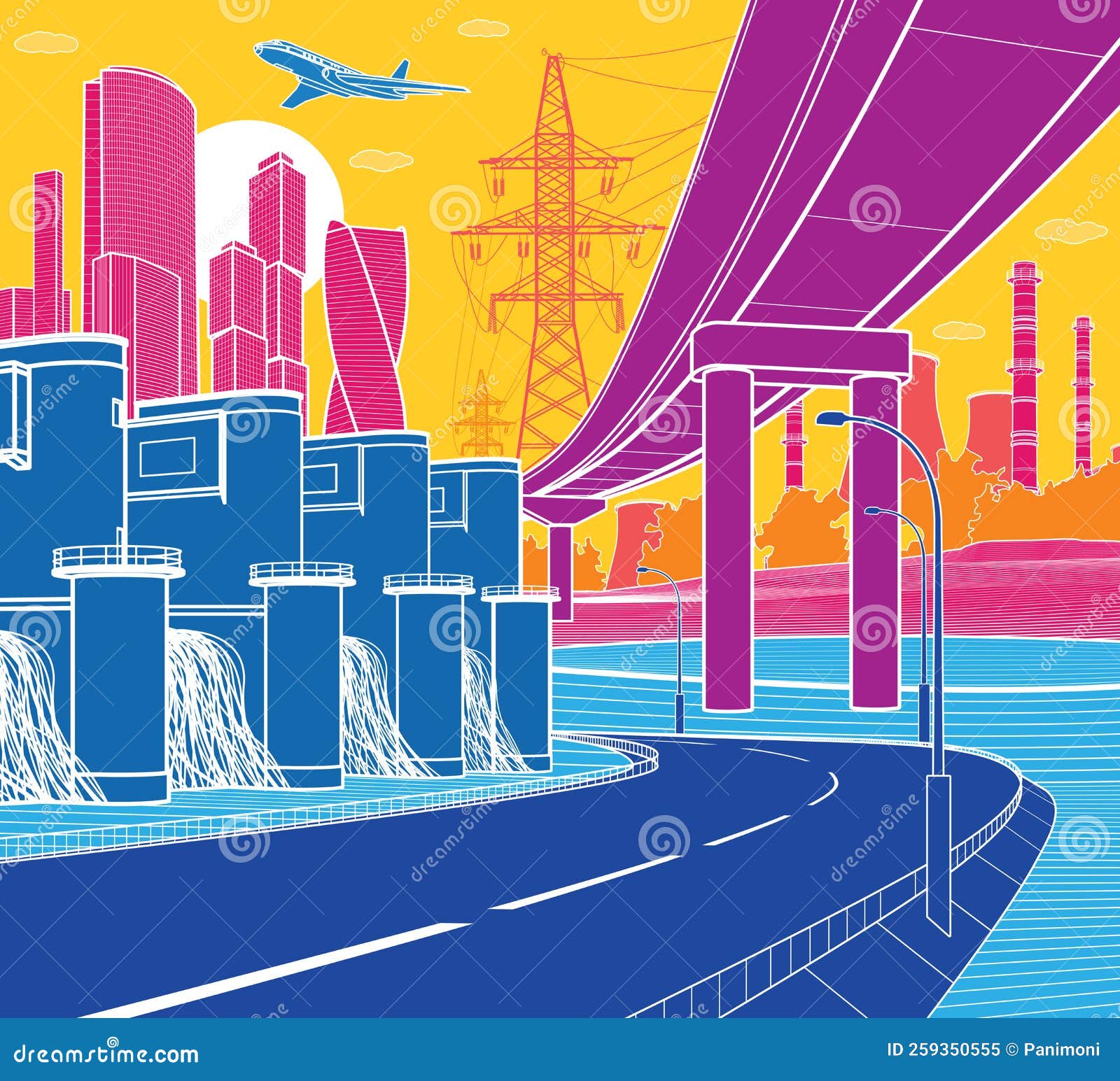 Colorful Infrastructure Illustration. Hydroelectric Power Plant ...