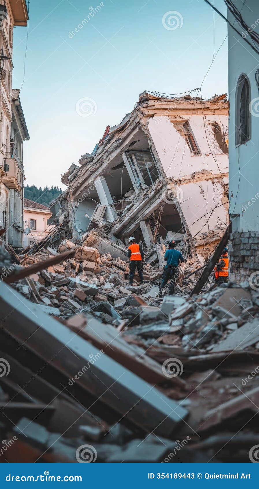 Urban Aftermath of Earthquake: Collapsed Building in Cityscape Stock ...