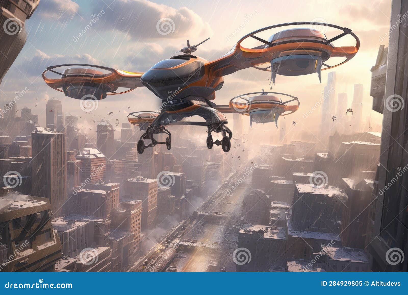 Urban Air Mobility Concept with Multiple Flying Vehicles Stock ...