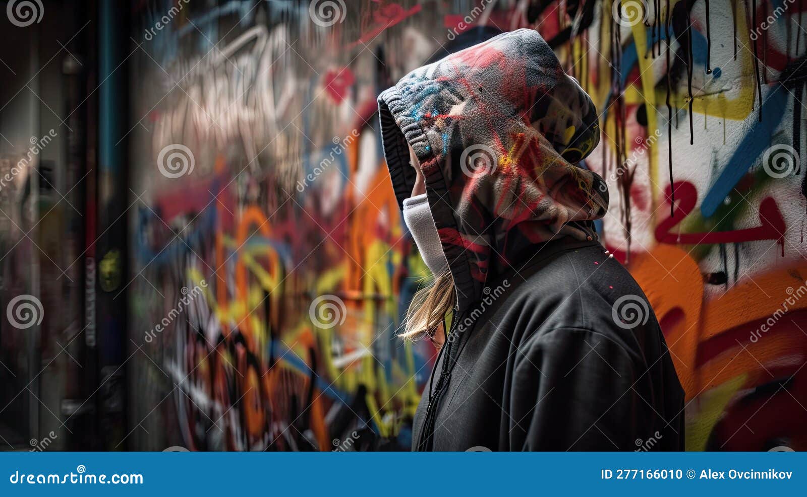 Urban Artistic Expression: Figure Leaning Against Graffiti-Covered Wall. Stock Illustration ...