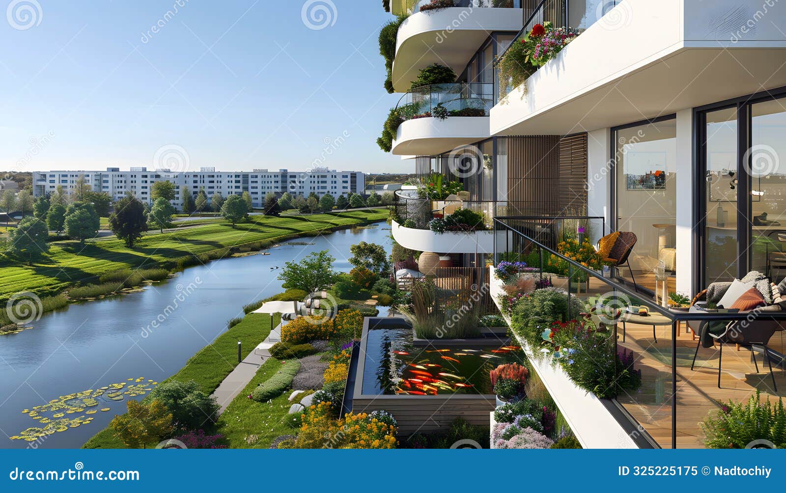 Urban Building with Riverfacing Balconies, Surrounded by Trees and ...