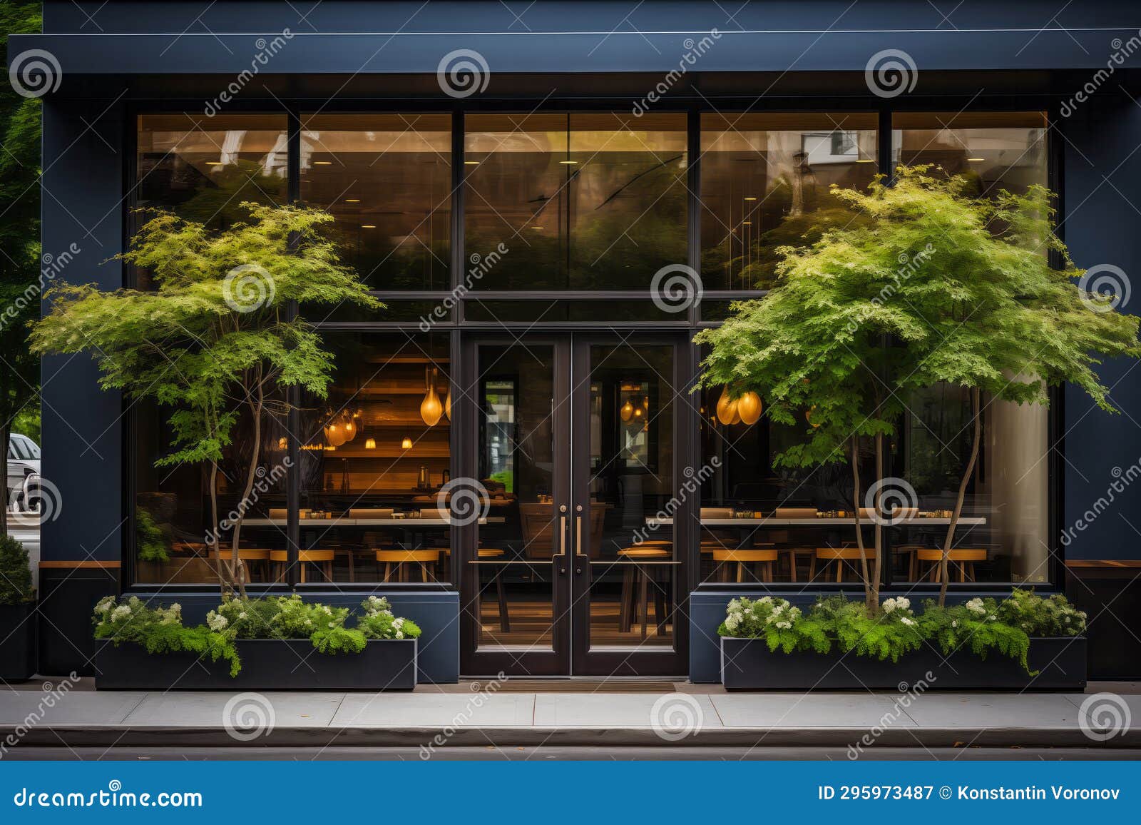 Urban Cafe Exterior with Large Window, Greenery, and Modern Design ...
