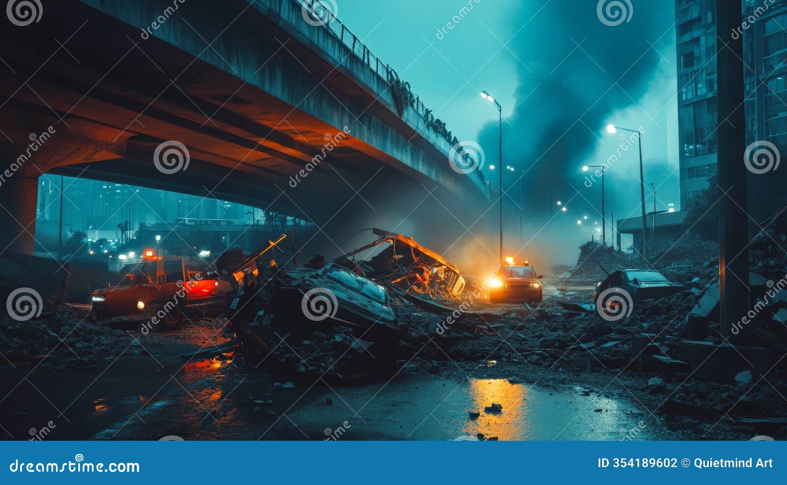 Urban Chaos after Earthquake: Collapsed Overpass and Emergency Response ...