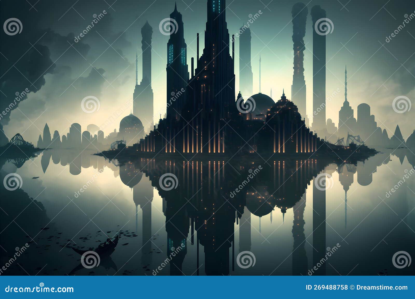 Urban Cityscape on Water Being Backlit by a Glowing Eclipse. Neural ...