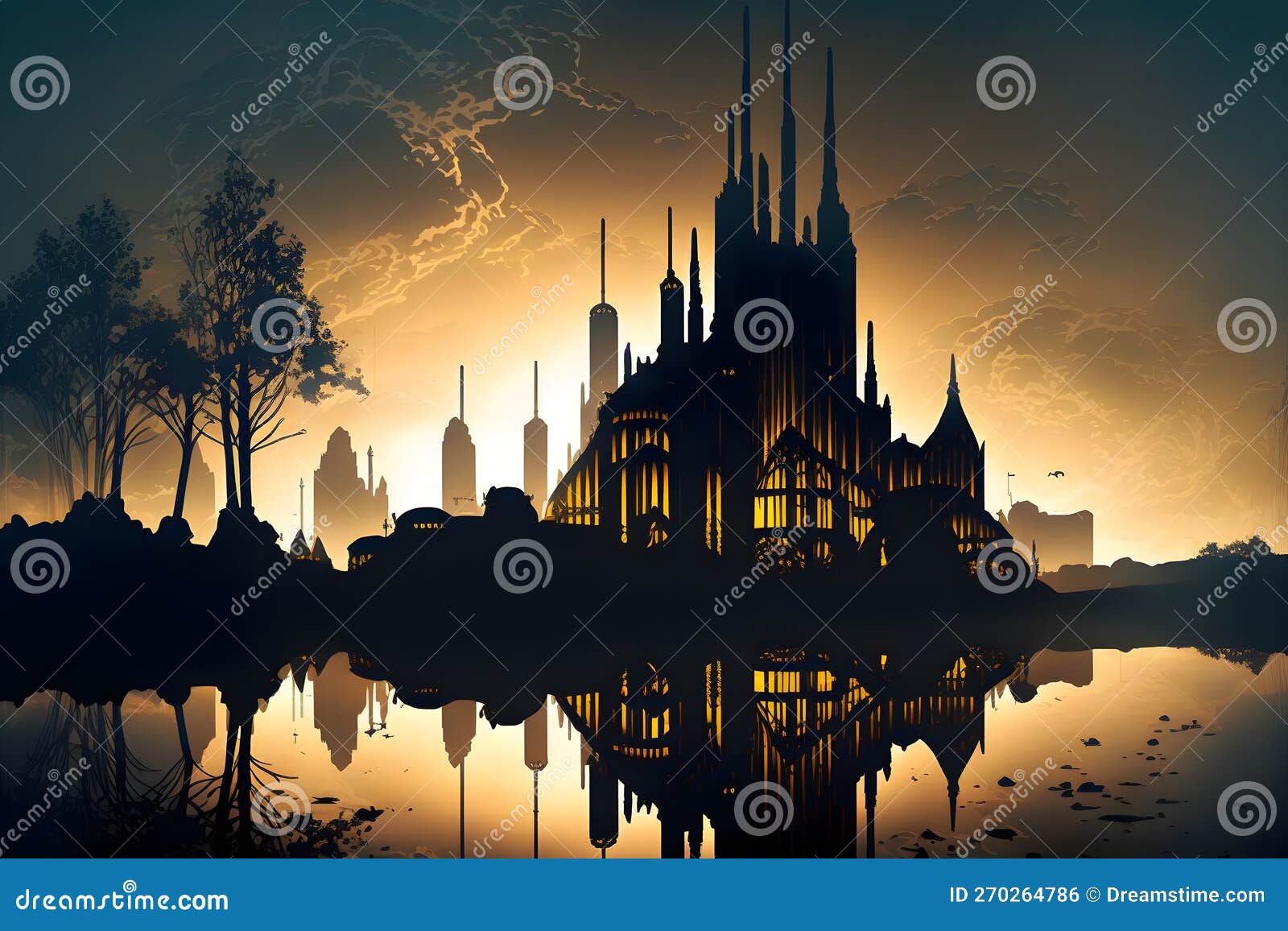 Urban Cityscape on Water Being Backlit by a Glowing Eclipse. Neural ...