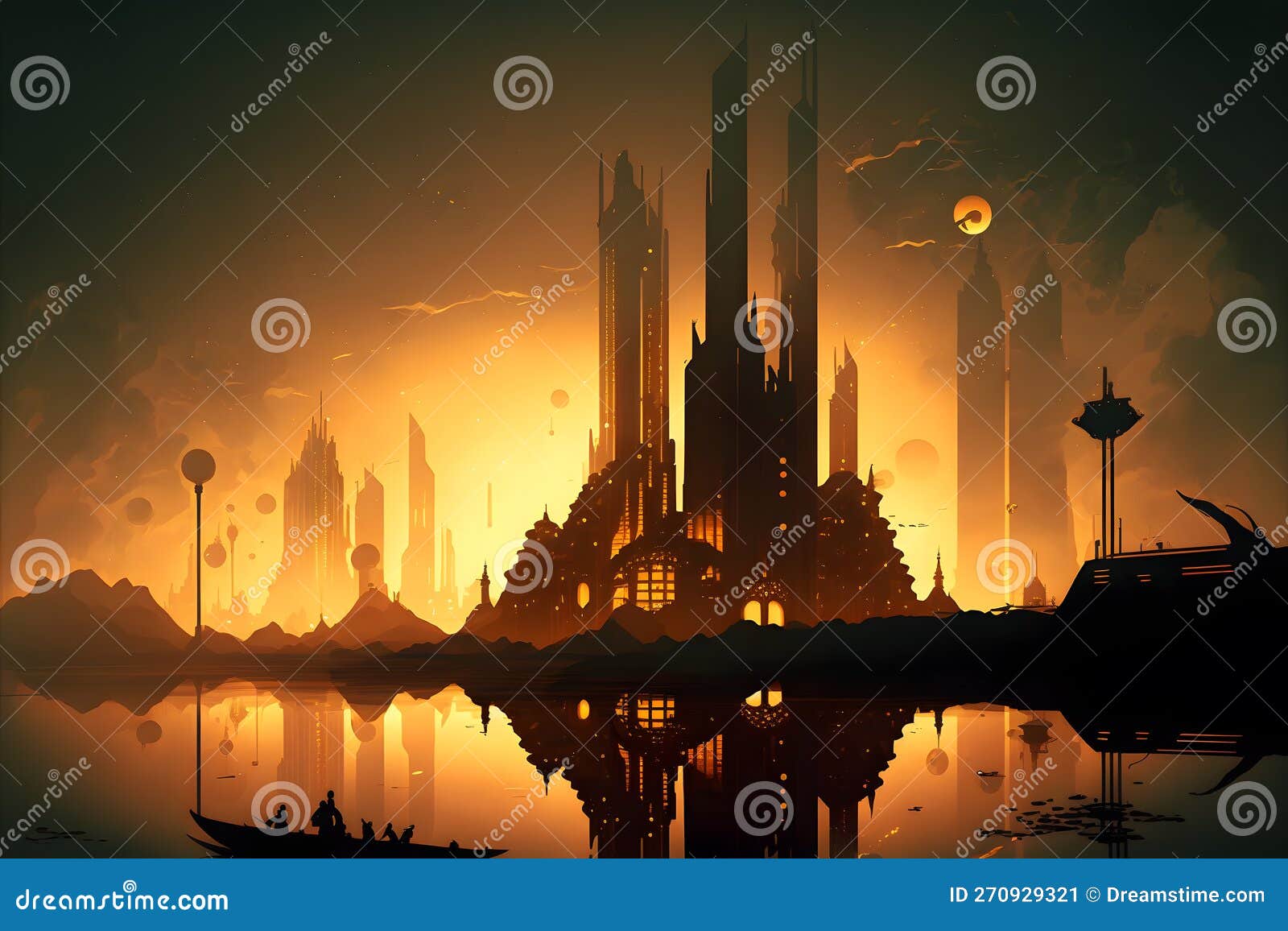Urban Cityscape on Water Being Backlit by a Glowing Eclipse. Neural ...
