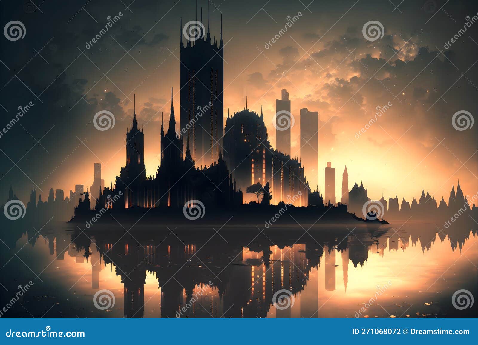 Urban Cityscape on Water Being Backlit by a Glowing Eclipse. Neural ...
