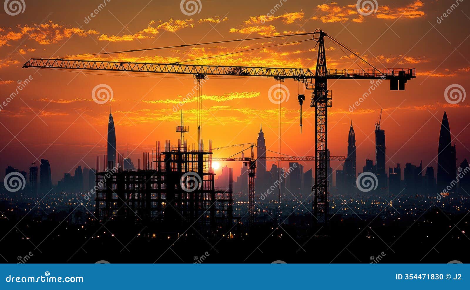 Urban Construction Site at Sunset with City Skyline and Tower Cranes ...