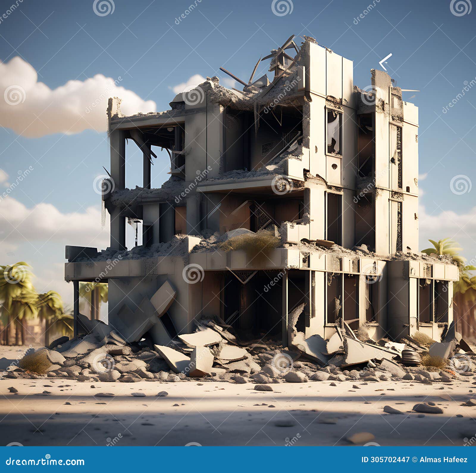 Urban Decay: 3D Render of a Destroyed Building Against a Solid ...