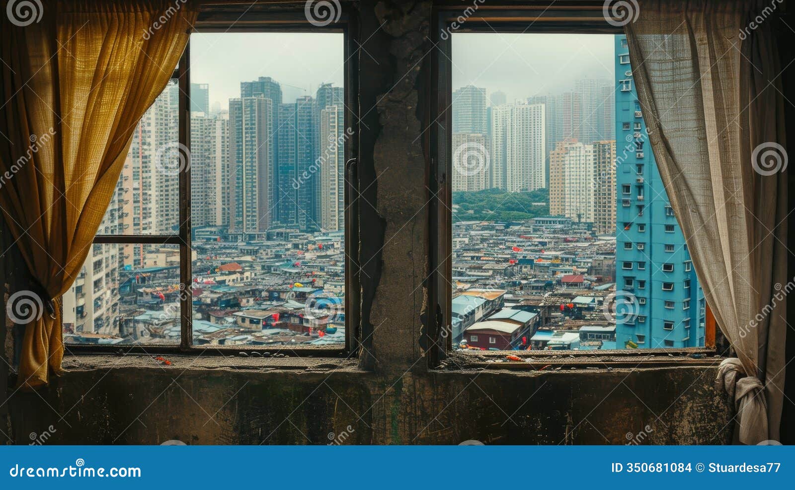 Urban Decay and Modern Development Viewed through Aged Window Frame ...