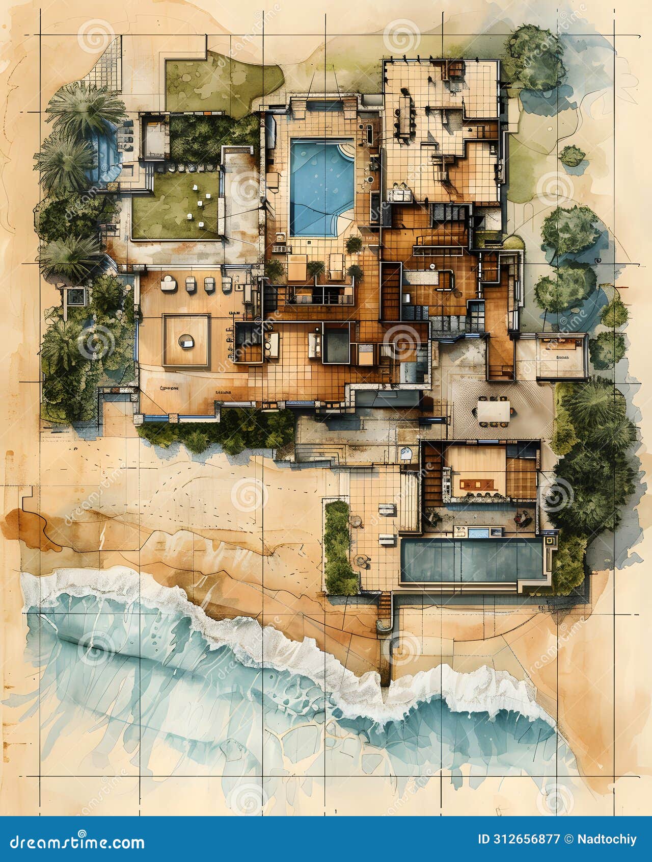 An Urban Design Painting of a Beachfront House in a Rectangle Format ...