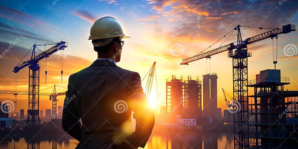 Urban Development Engineering Progress at Sunset Stock Illustration ...