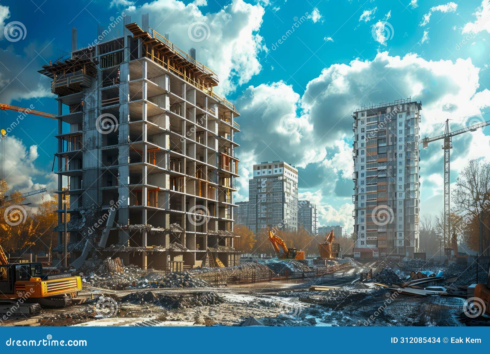 Urban Development Scene with Construction Machinery and Rising ...