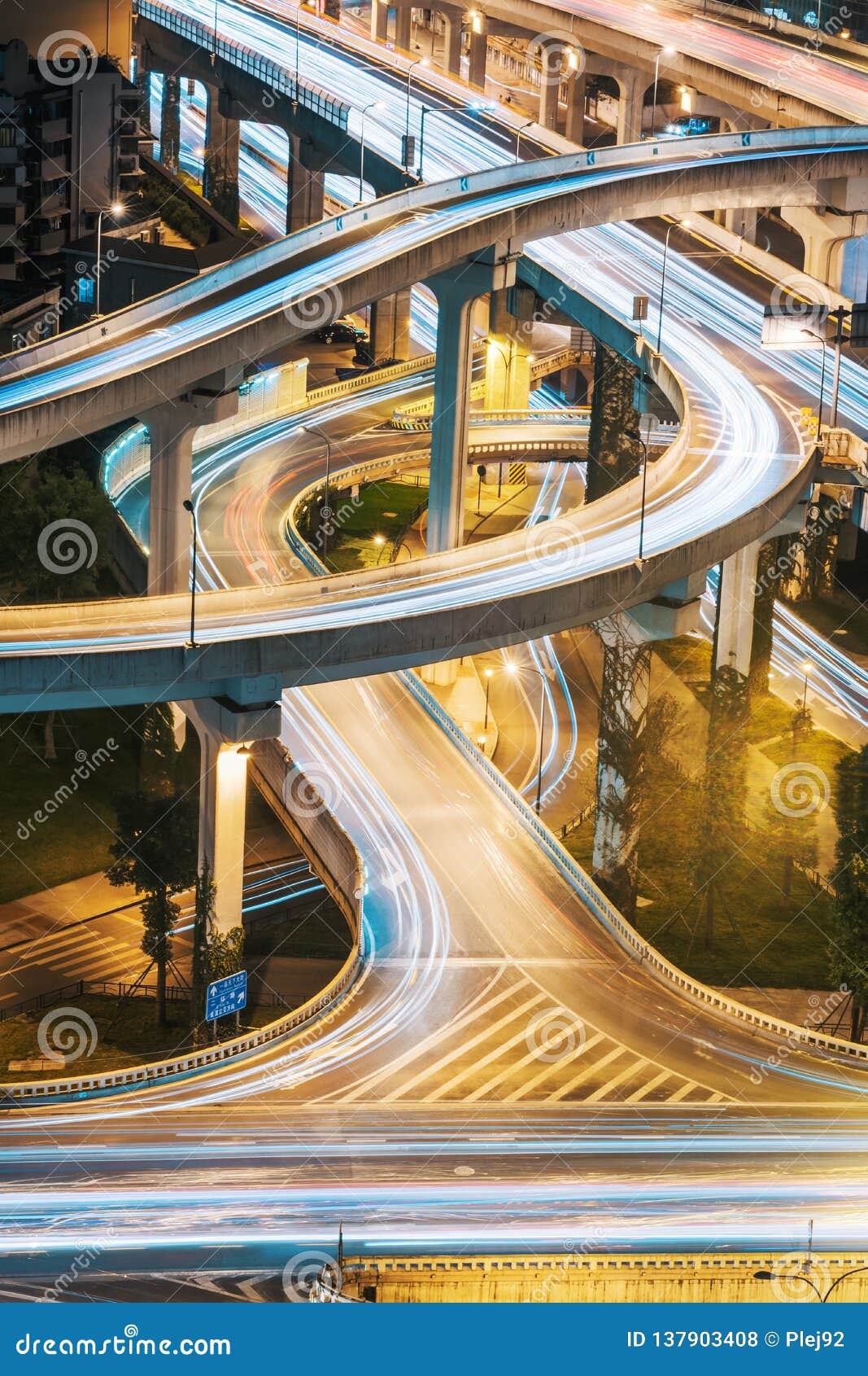 Urban Elevated Road Junction and Interchange Overpass at Night Stock ...