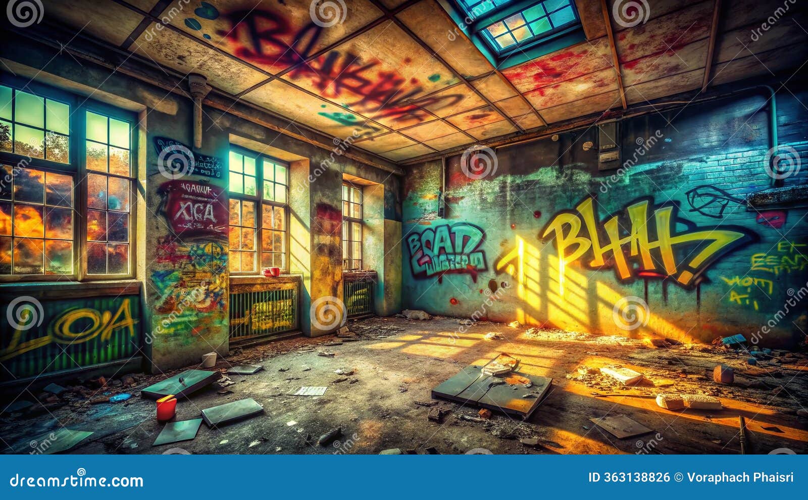 Graffiti On Abandoned Building, With View Of The City Skyline In The ...