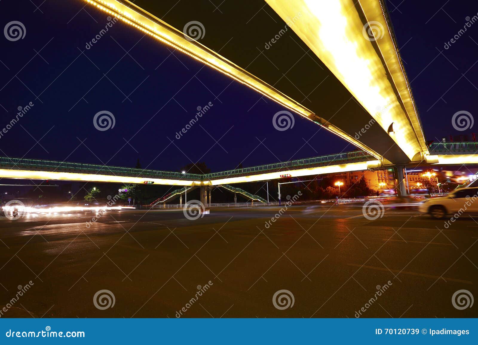 Urban Footbridge and Road Intersection of Night Scene Stock Image ...