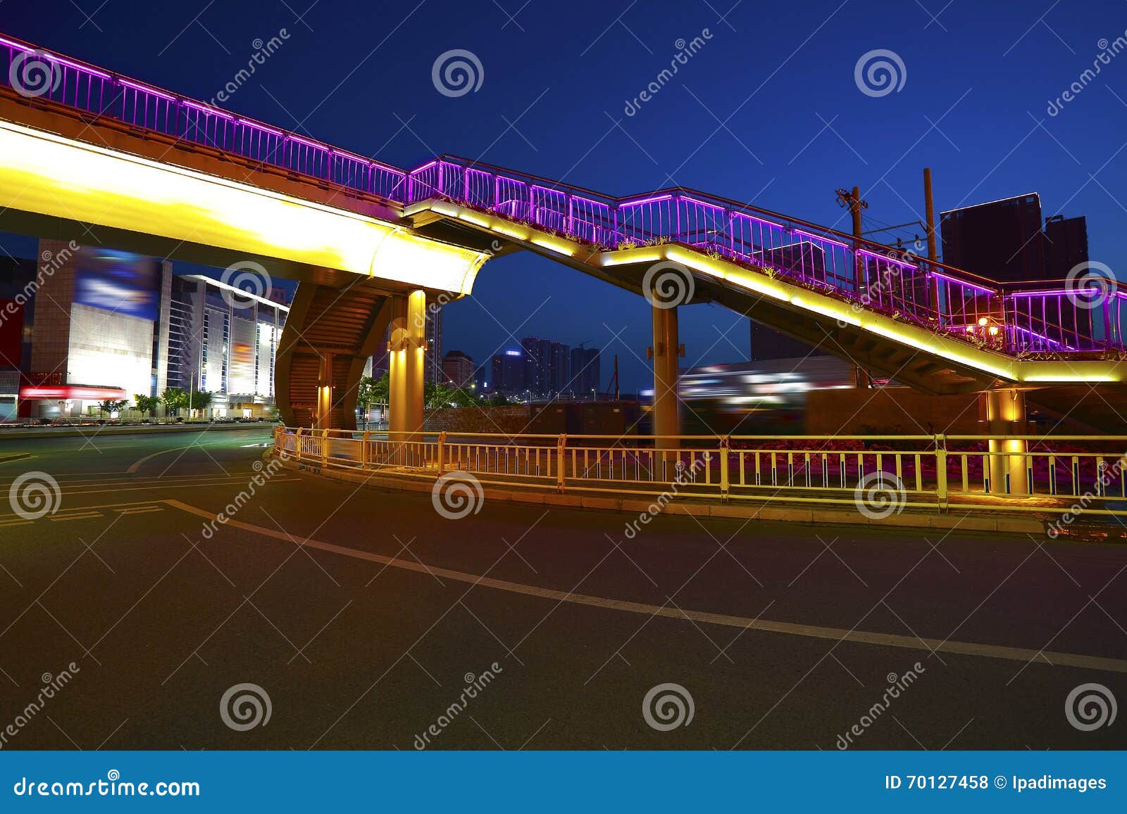 Urban Footbridge and Road Intersection of Night Scene Stock Photo ...