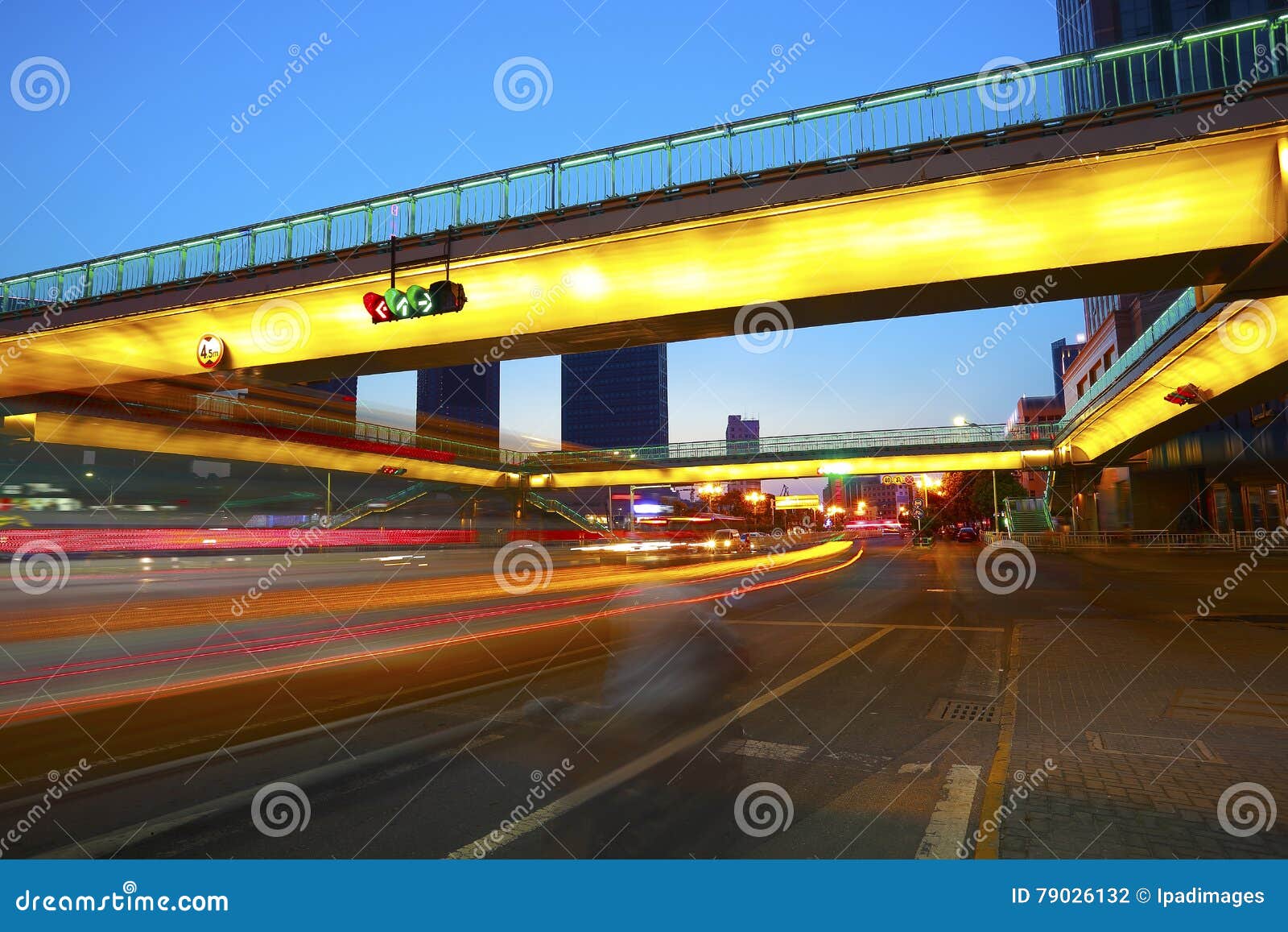 Urban Footbridge and Road Intersection of Night Scene Stock Photo ...