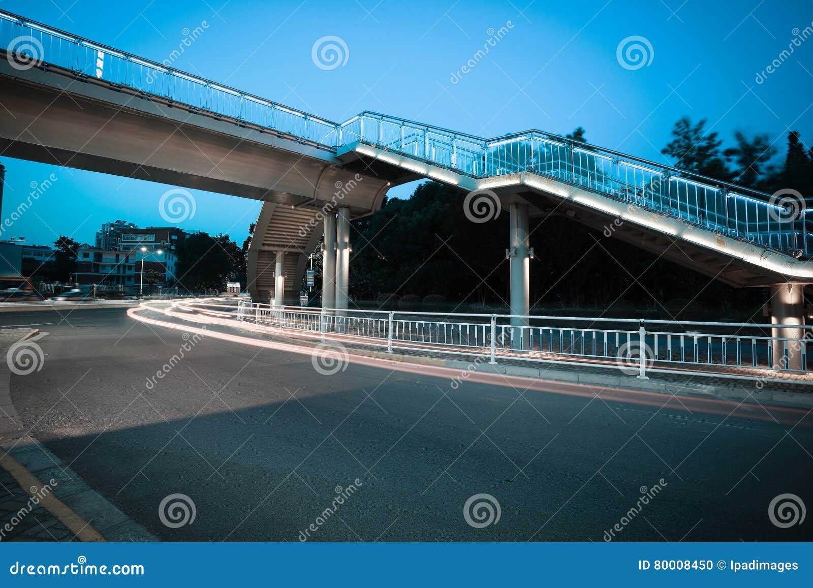 Urban Footbridge and Road Intersection of Night Scene Stock Photo ...