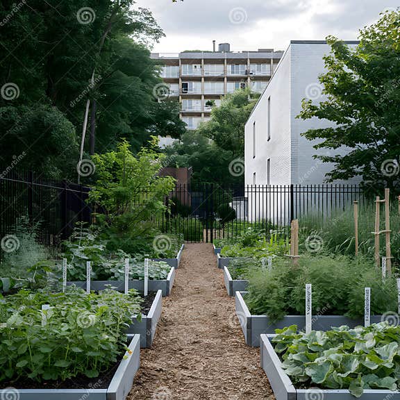 Urban Garden with Raised Beds, Plants, Labels, Trees, Building, and ... Urban Garden with Raised Beds, Plants, Labels, Trees, Building, and ...