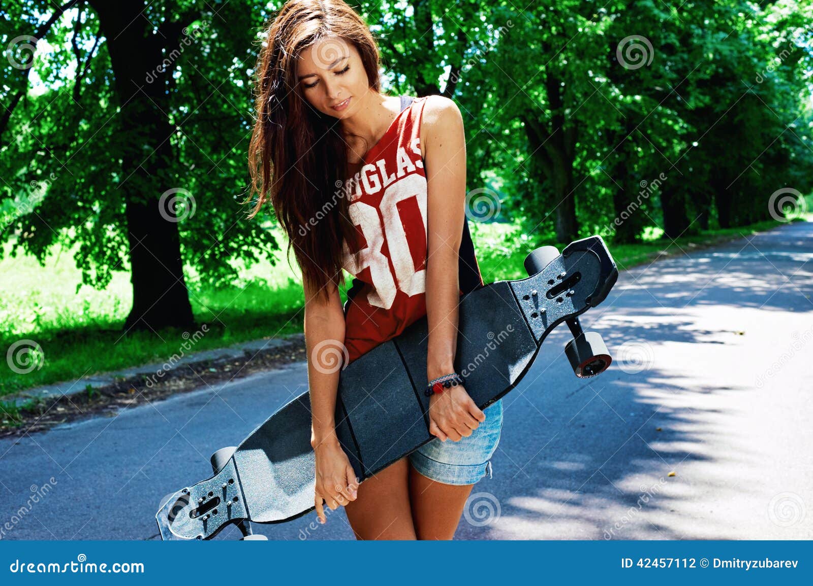 Urban girl with longboard stock photo. Image of beautiful - 42457112