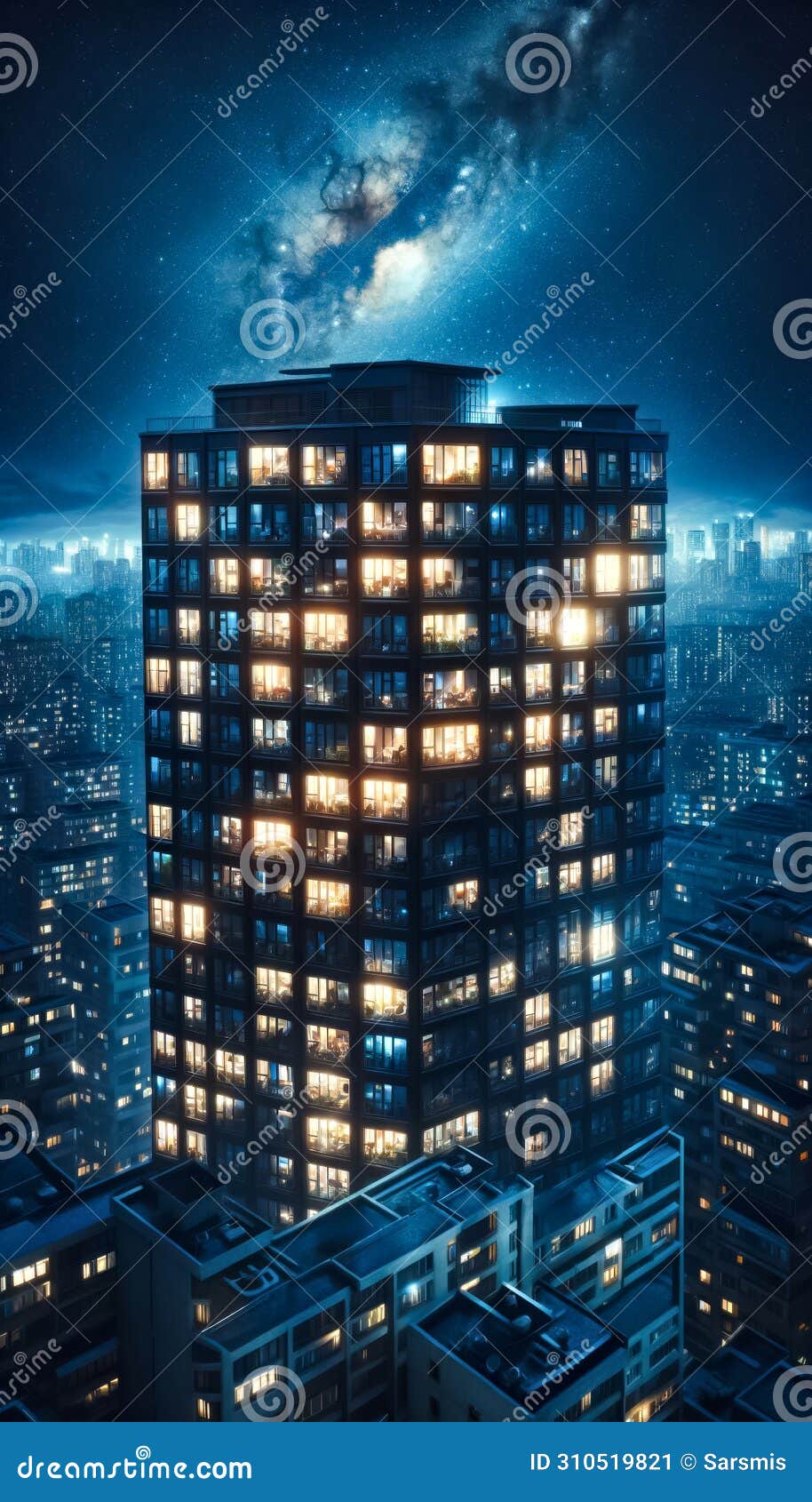 Urban High-rise Building Under Starry Sky Stock Illustration ...