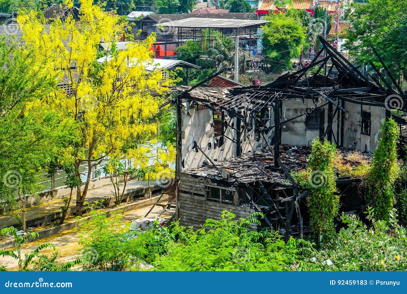 Urban House Fire Structure after Burning Near Canal Stock Image - Image ...