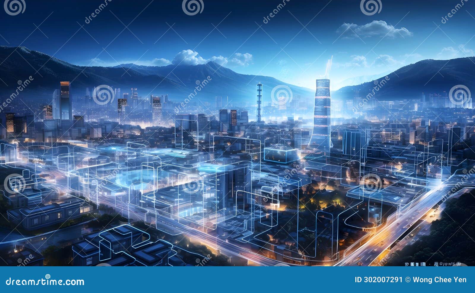Urban Industrial Night Screen with Holographic Control Lines Stock ...