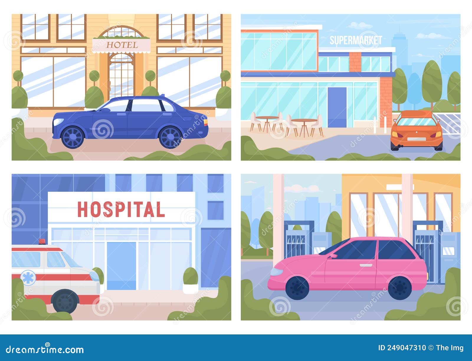 Urban Infrastructure Objects Flat Color Vector Illustrations Set Stock ...