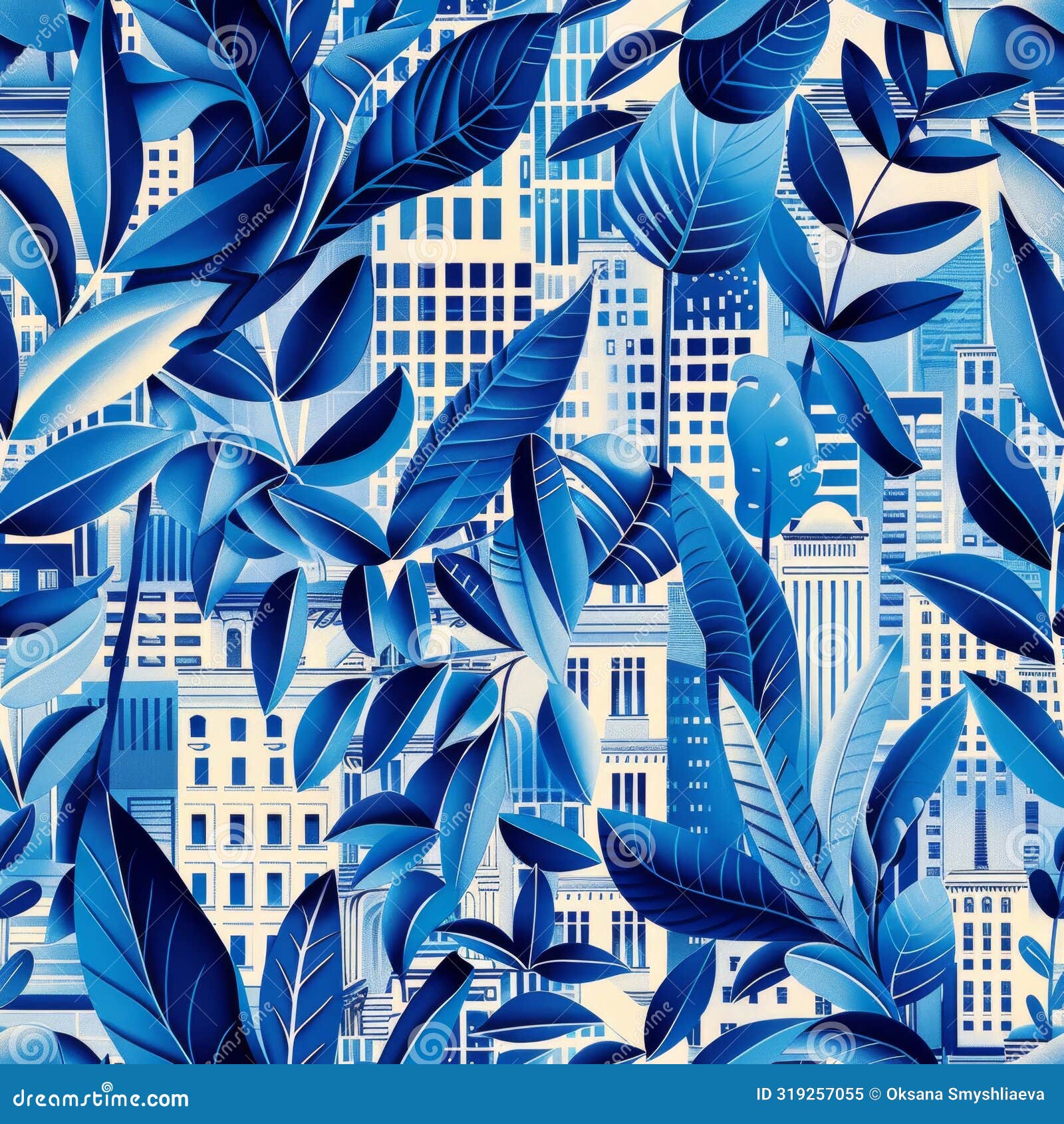 Urban Jungle: Blue Toned Cityscape with Lush Foliage Patterns Stock ...