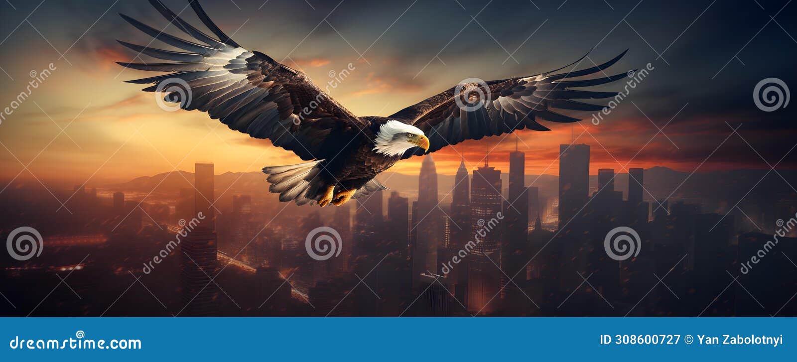 Urban Landscape with Digitally Created Eagle Soaring through the Sky ...