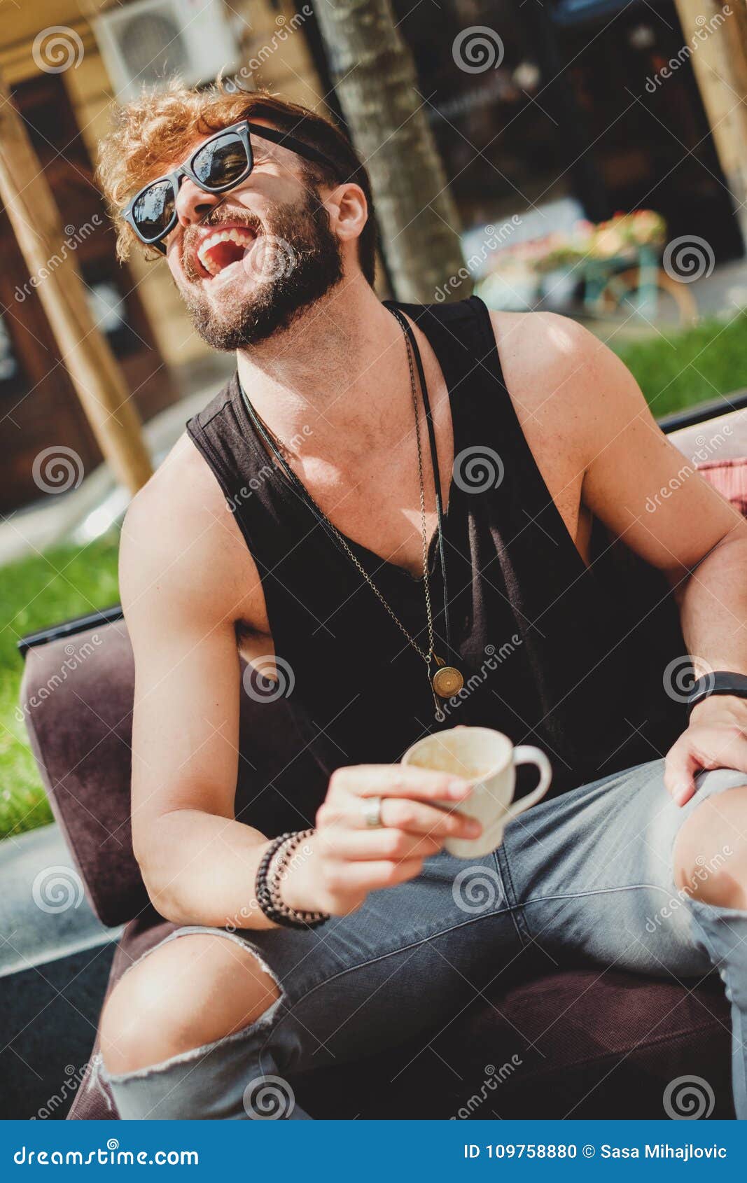 Urban Man Laughing while Drinking Coffee Stock Photo - Image of outdoor ...