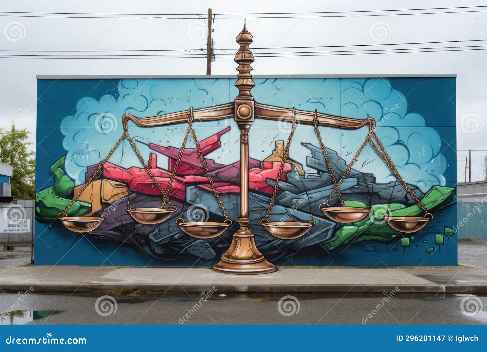 Urban Mural with a Central Scale, Symbolic of Justice, Surrounded by ...
